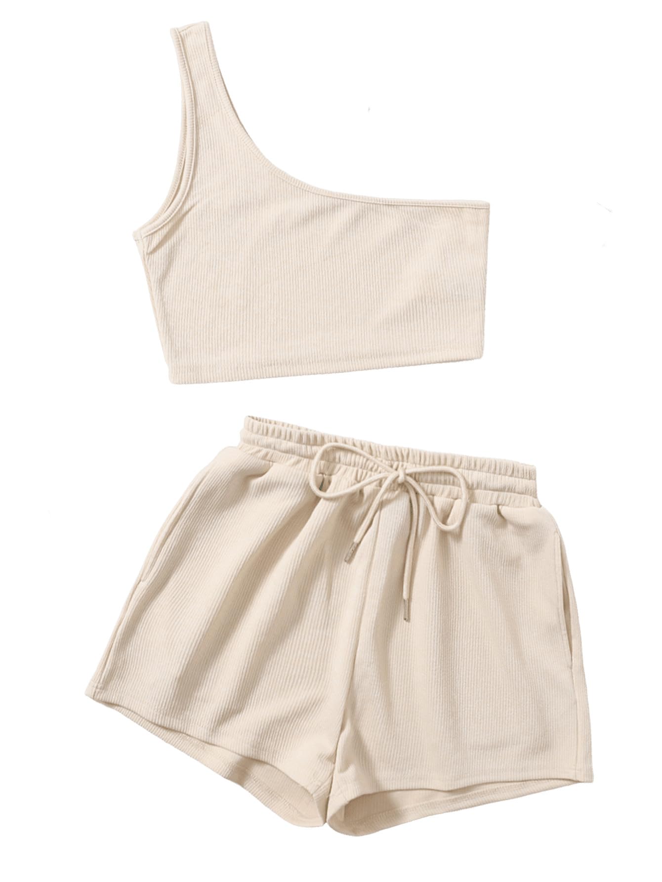 Verdusa Women's One Shoulder Tank Top and Lounge Shorts 2 Piece Tracksuit Set Khaki XL