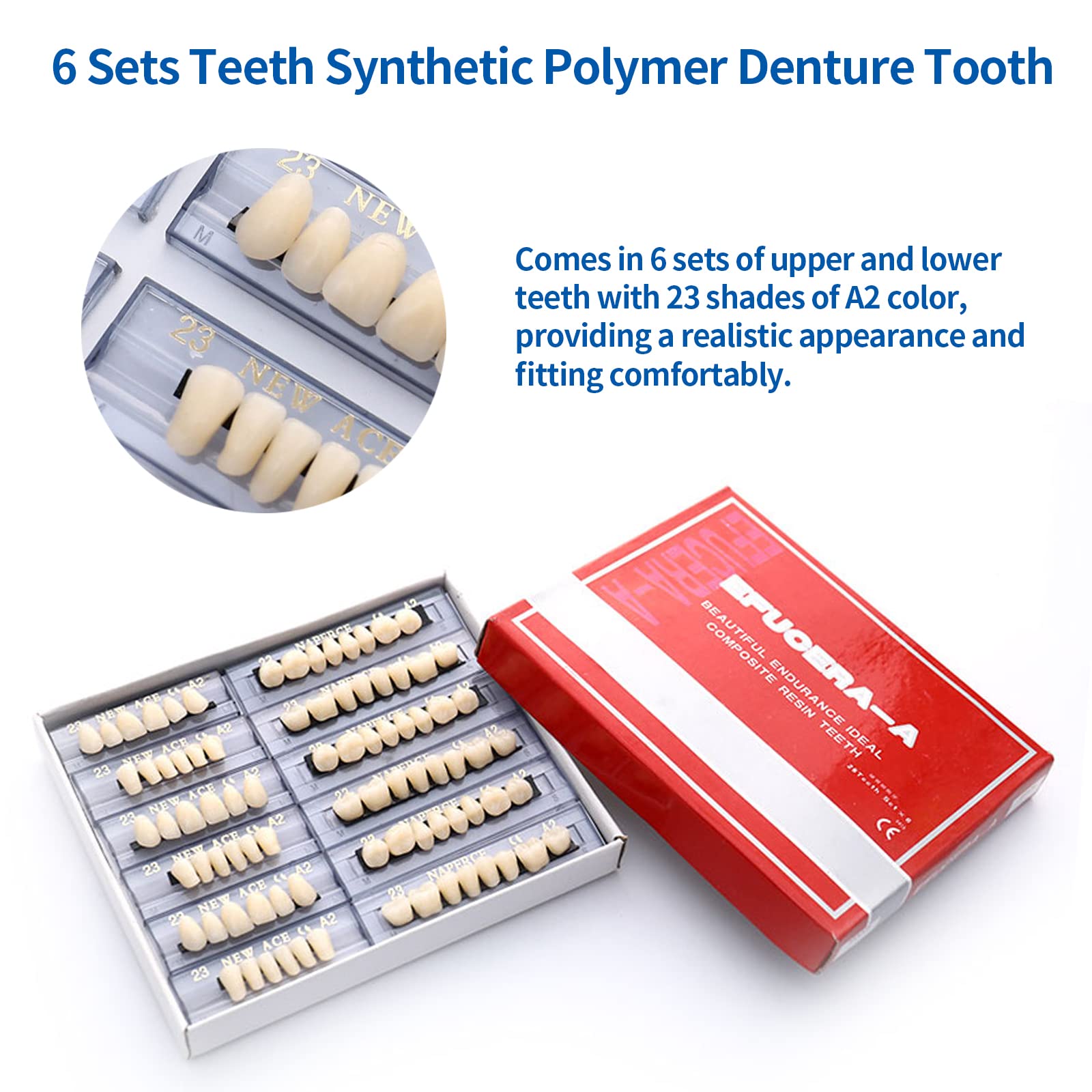 168 Pieces False Teeth Dental Complete Acrylic Resin Denture Teeth, 6 Sets Whole Teeth Synthetic Polymer Denture Tooth, 23 Shade A2 Upper + Lower Dental Materials for Replacement, DIY, or Halloween