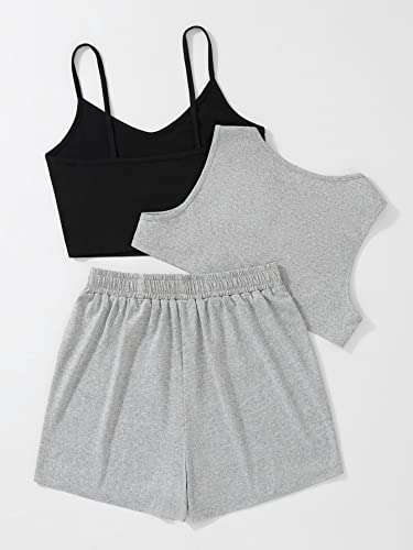 Verdusa Women's 3 Piece Tracksuit Letter Print Cami Top Crop Tank and Shorts Sets Black Grey XL