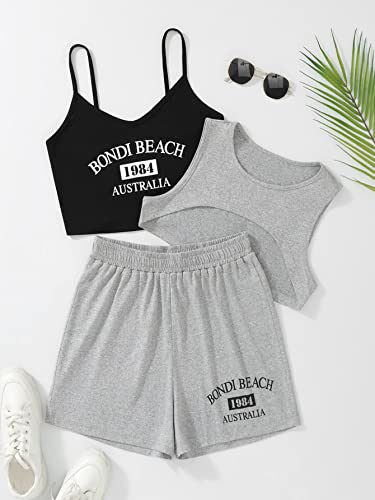 Verdusa Women's 3 Piece Tracksuit Letter Print Cami Top Crop Tank and Shorts Sets Black Grey XL