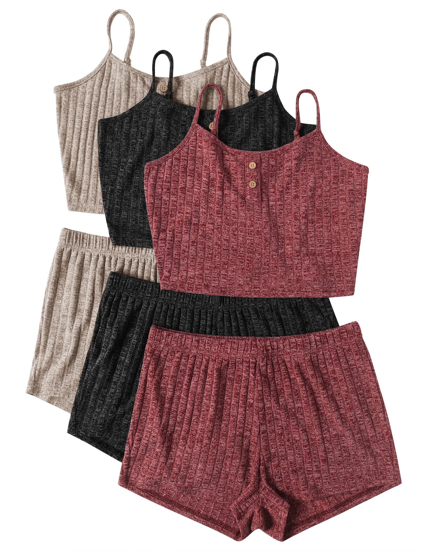 Ekouaer 3 Sets for Women Ribbed Pajamas Crop Cami Top and Shorts Pjs Casual Sleeveless Button Lounge Set Sleepwear Black/Apricot/Wine,X-Large