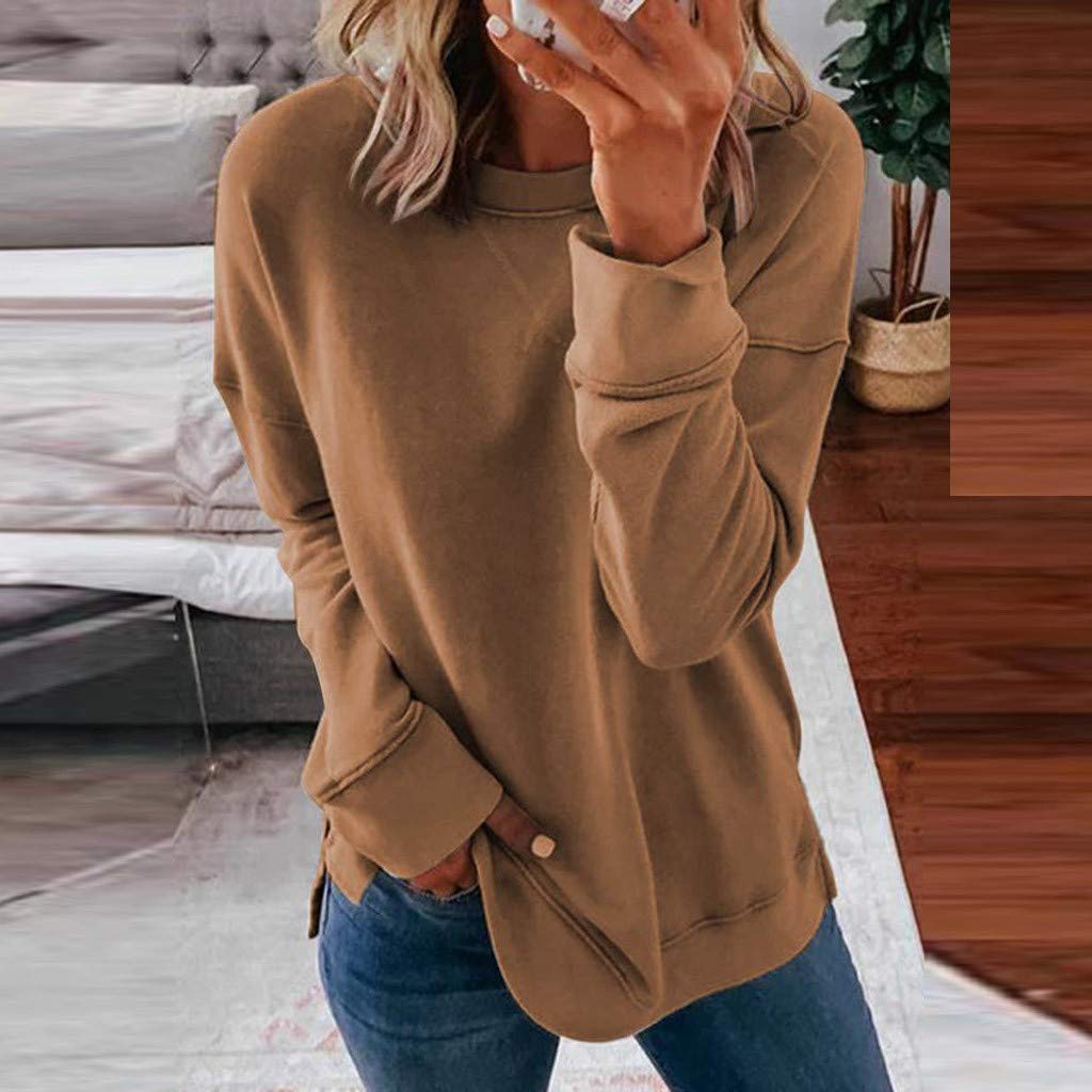 DOLKFU Womens Color Block Printed Sweatshirts Crewneck Pullover Shirts Long Sleeve Boluse Tops Side Split 2022 Trendy Winter Clothes, Khaki #29, X-Large