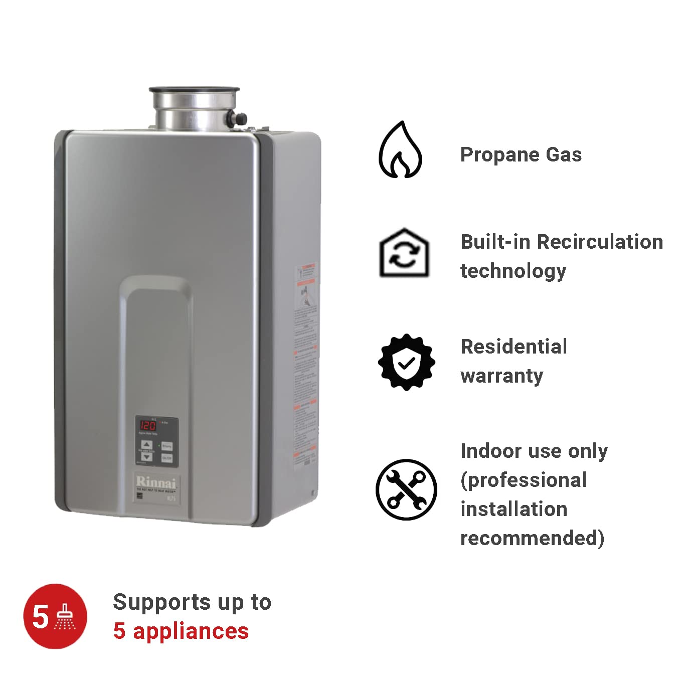 Rinnai RL94iP Tankless Hot Water Heater, 9.8 GPM, Propane, Indoor Installation
