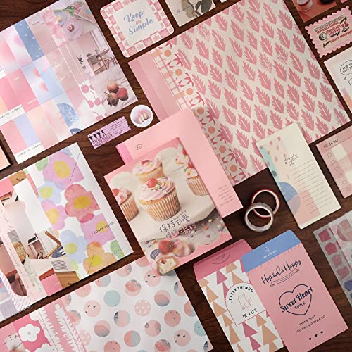 Draupnir Pink Cute Kawaii Aesthetic Scrapbook Kit(348pcs), Bullet Junk Journal Kit with Journaling/Scrapbooking Supplies, Stationery,A6 Grid Notebook with Graph Ruled Pages DIY Gift for Teen Girl