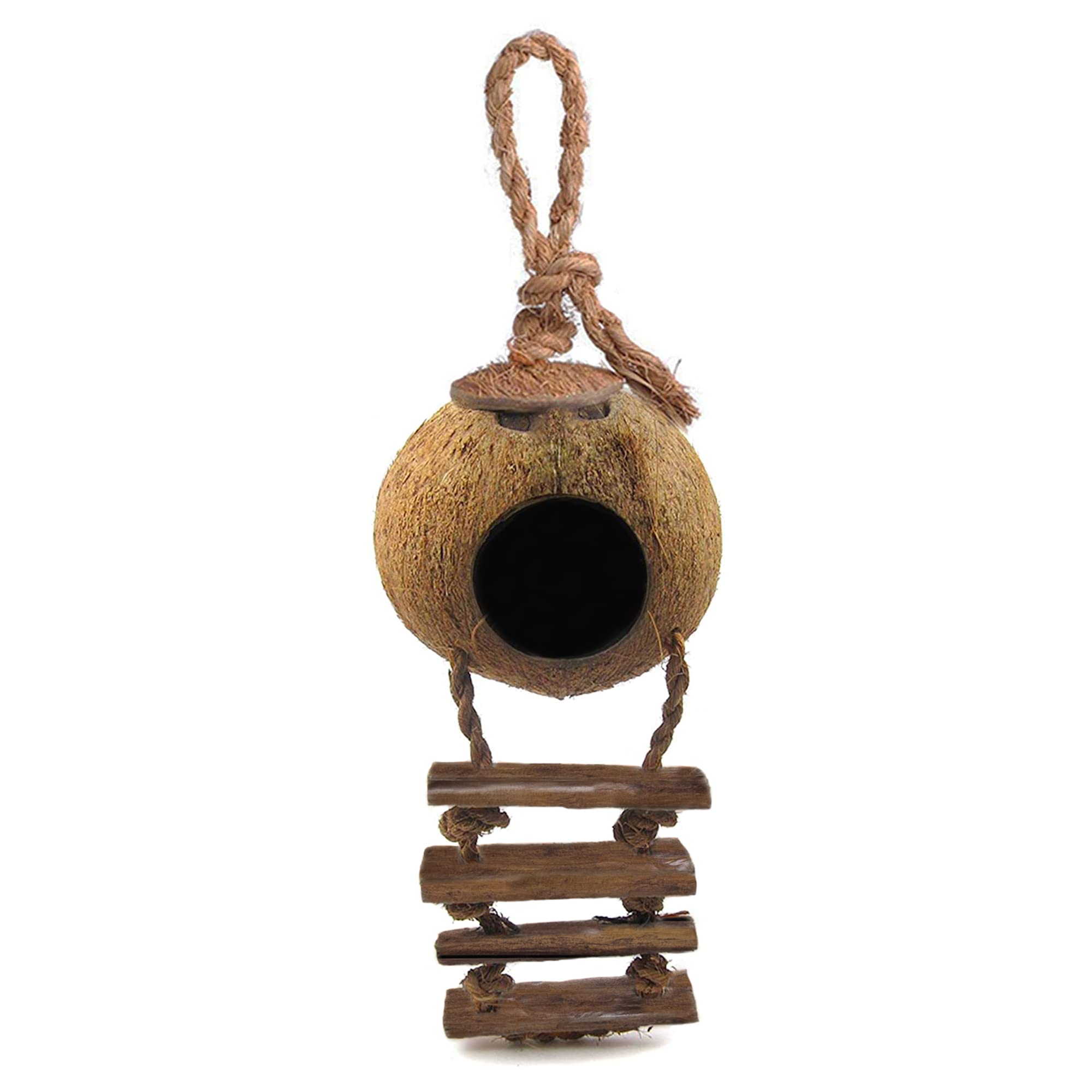 SunGrow Coconut Hamster House with Ladder with Opening Hole, Nesting Home and Feeder with Hanging Loop