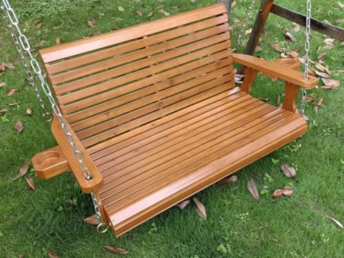 Wooden Porch Swing 2-Seater, Bench Swing with Cupholders, Hanging Chains and 7mm Springs, Heavy Duty 800 LBS, for Outdoor Patio Garden (Brown, 4 FT Extra Large)