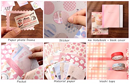 Draupnir Pink Cute Kawaii Aesthetic Scrapbook Kit(348pcs), Bullet Junk Journal Kit with Journaling/Scrapbooking Supplies, Stationery,A6 Grid Notebook with Graph Ruled Pages DIY Gift for Teen Girl