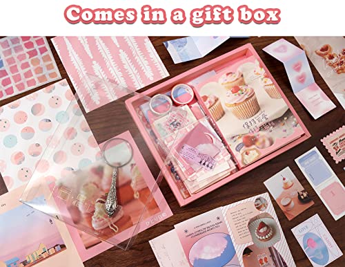 Draupnir Pink Cute Kawaii Aesthetic Scrapbook Kit(348pcs), Bullet Junk Journal Kit with Journaling/Scrapbooking Supplies, Stationery,A6 Grid Notebook with Graph Ruled Pages DIY Gift for Teen Girl