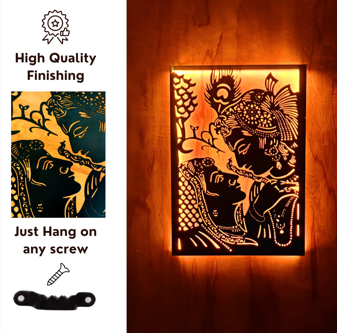 EU Radha Krishna Metal Wall Art Hanging With Backlight Led For Pooja Room Home Deco Lights For Mandir Krishna Swing Jhula Antique Metal Flute Wall Decor For Living Room Big Size