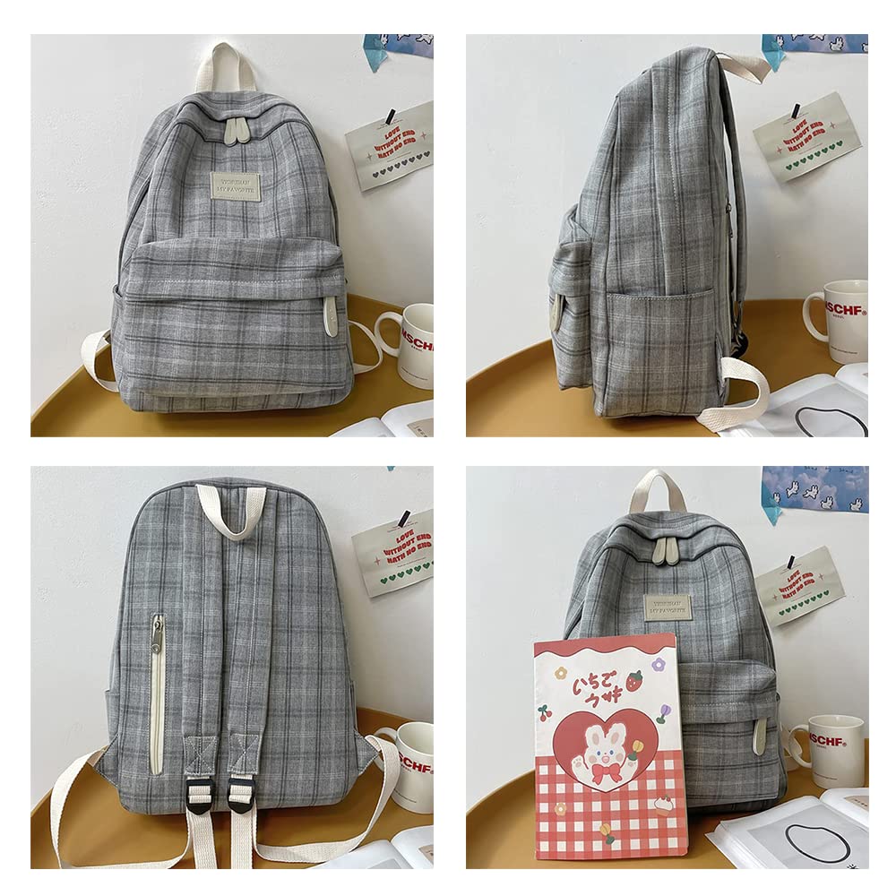AONUOWE Light Academia Aesthetic Backpack Plaid Preppy Backpack Teen Girls Back to School Supplies Checkered Bookbags (Stone)