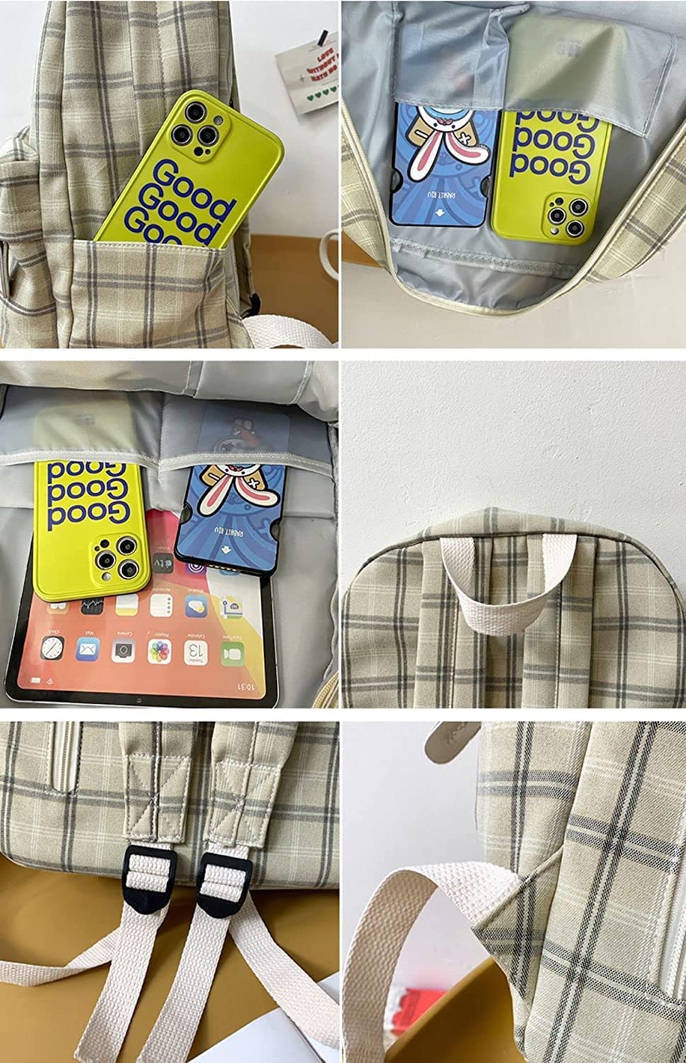 AONUOWE Light Academia Aesthetic Backpack Plaid Preppy Backpack Teen Girls Back to School Supplies Checkered Bookbags (Stone)