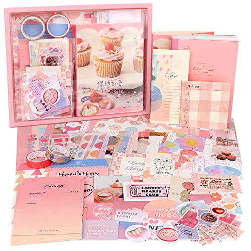 Draupnir Pink Cute Kawaii Aesthetic Scrapbook Kit(348pcs), Bullet Junk Journal Kit with Journaling/Scrapbooking Supplies, Stationery,A6 Grid Notebook with Graph Ruled Pages DIY Gift for Teen Girl