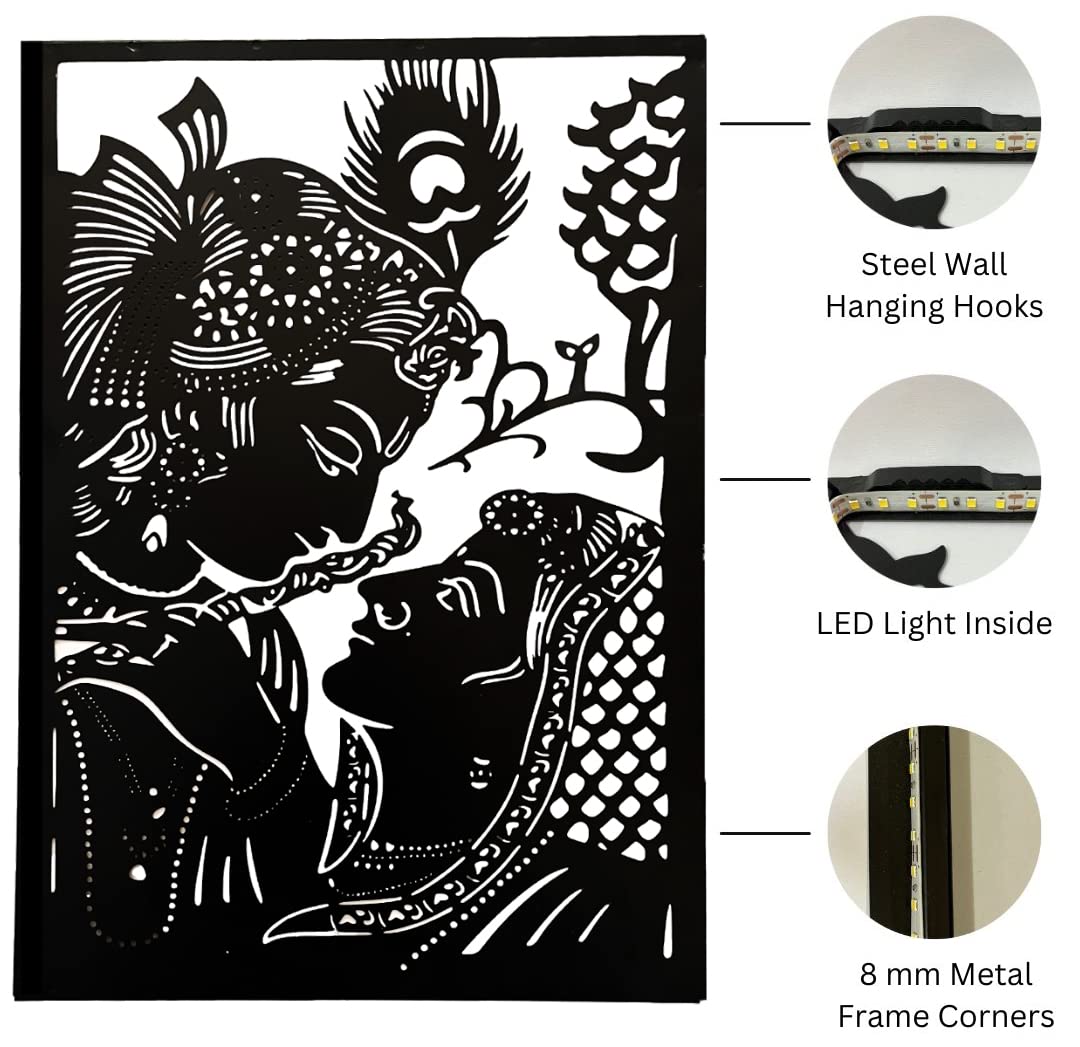 EU Radha Krishna Metal Wall Art Hanging With Backlight Led For Pooja Room Home Deco Lights For Mandir Krishna Swing Jhula Antique Metal Flute Wall Decor For Living Room Big Size
