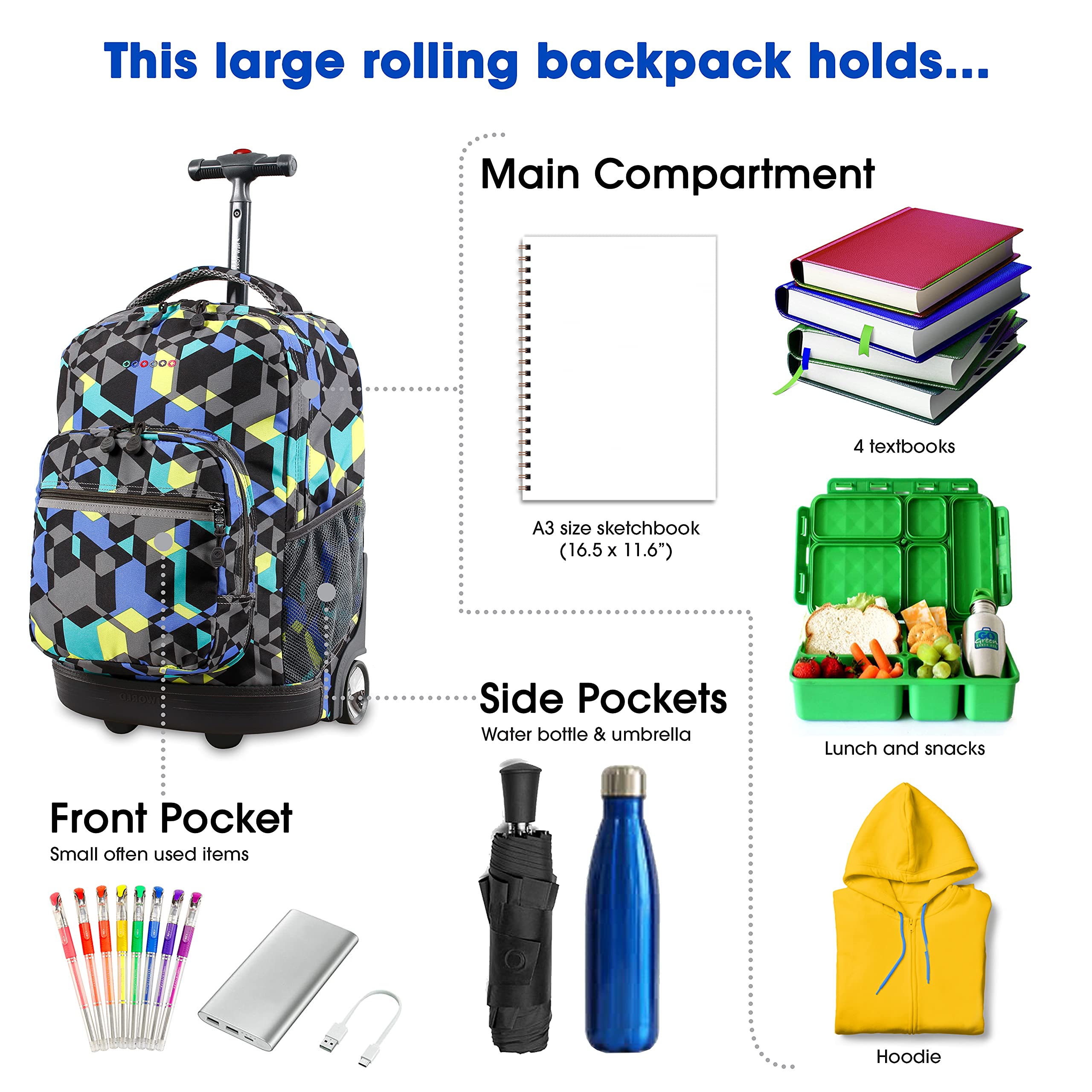 J World New York Sunrise Kids Rolling Backpack for Girls Boys Teen. Roller Bookbag with Wheels, Cubes, 18"