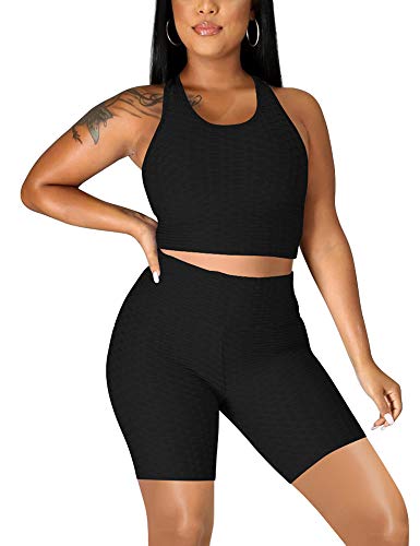 cailami Workout Sets for Women 2 Piece Outfits Sexy Gym Crop Tank High Waist Biker Shorts Yoga Sets, Medium, Black