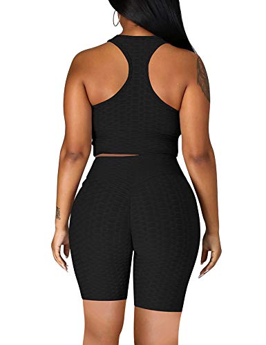 cailami Workout Sets for Women 2 Piece Outfits Sexy Gym Crop Tank High Waist Biker Shorts Yoga Sets, Medium, Black