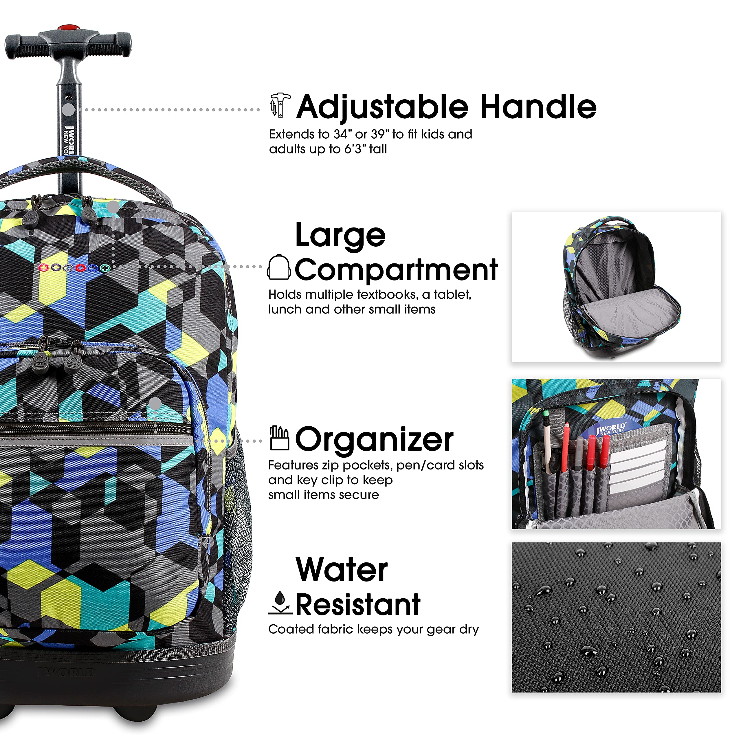 J World New York Sunrise Kids Rolling Backpack for Girls Boys Teen. Roller Bookbag with Wheels, Cubes, 18"