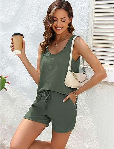Andeip Womens Pajama Sets Sleeveless Tank Top and Shorts Two Piece Lounge Set Casual Nightwear Set Deep Green XL