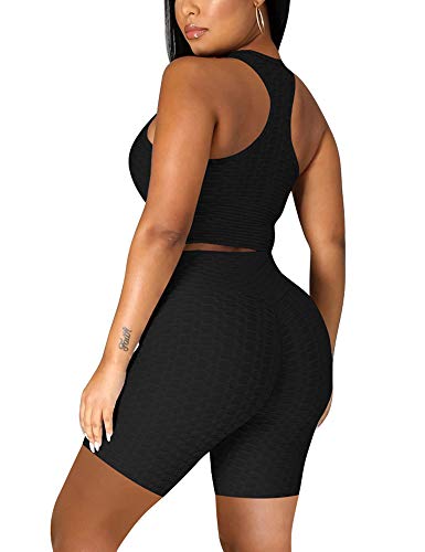 cailami Workout Sets for Women 2 Piece Outfits Sexy Gym Crop Tank High Waist Biker Shorts Yoga Sets, Medium, Black