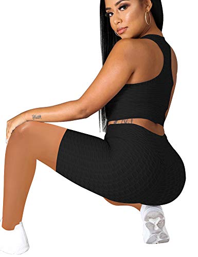 cailami Workout Sets for Women 2 Piece Outfits Sexy Gym Crop Tank High Waist Biker Shorts Yoga Sets, Medium, Black