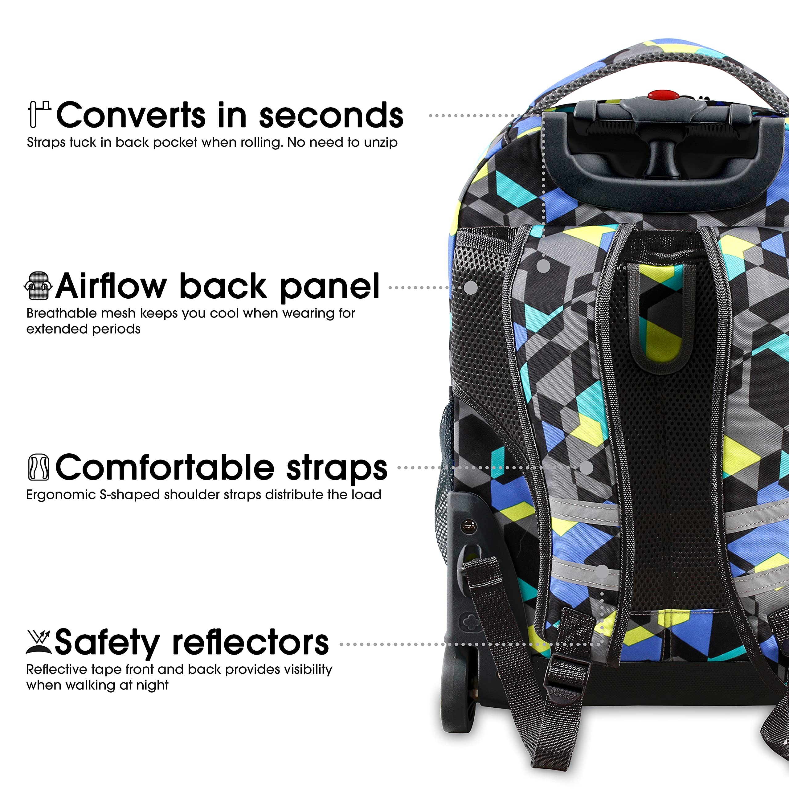 J World New York Sunrise Kids Rolling Backpack for Girls Boys Teen. Roller Bookbag with Wheels, Cubes, 18"