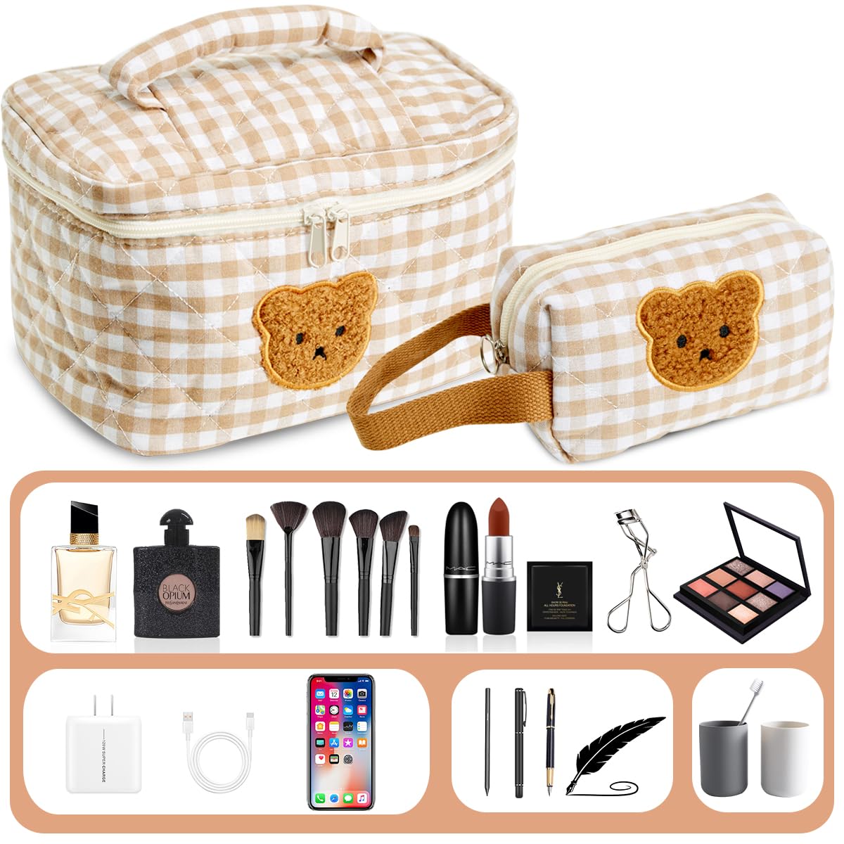 AIPJOY Kawaii Cotton Checkered Makeup Bag,Large Quilted Coquette Travel Cosmetic Bag,Cute Aesthetic Pouch Purse Toiletry Bag For Women(2pcs)