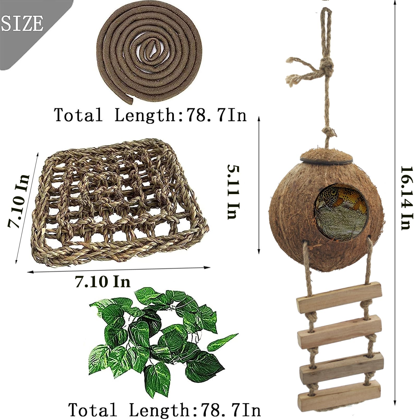 MUYG 5PCS Coconut Hut for Gecko, Lizard Coco Den with Ladder and Reptile Hammock Bearded Dragon Tank Accessories Climbing Hanging Plants Jungle Vine Flexible Reptile Leaves Decor