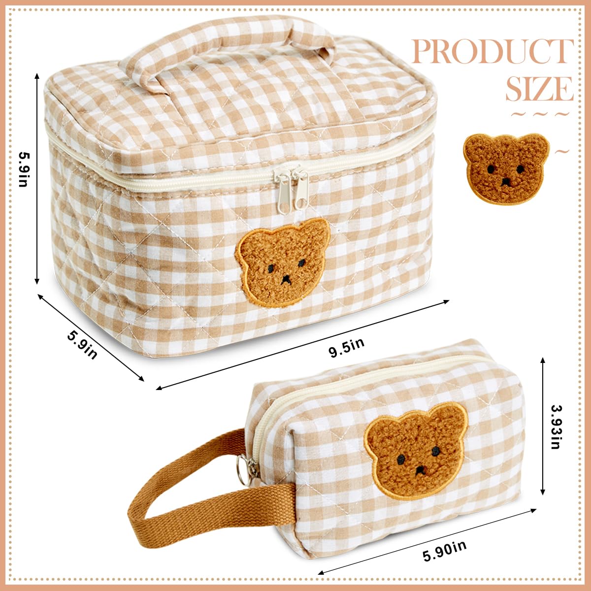 AIPJOY Kawaii Cotton Checkered Makeup Bag,Large Quilted Coquette Travel Cosmetic Bag,Cute Aesthetic Pouch Purse Toiletry Bag For Women(2pcs)