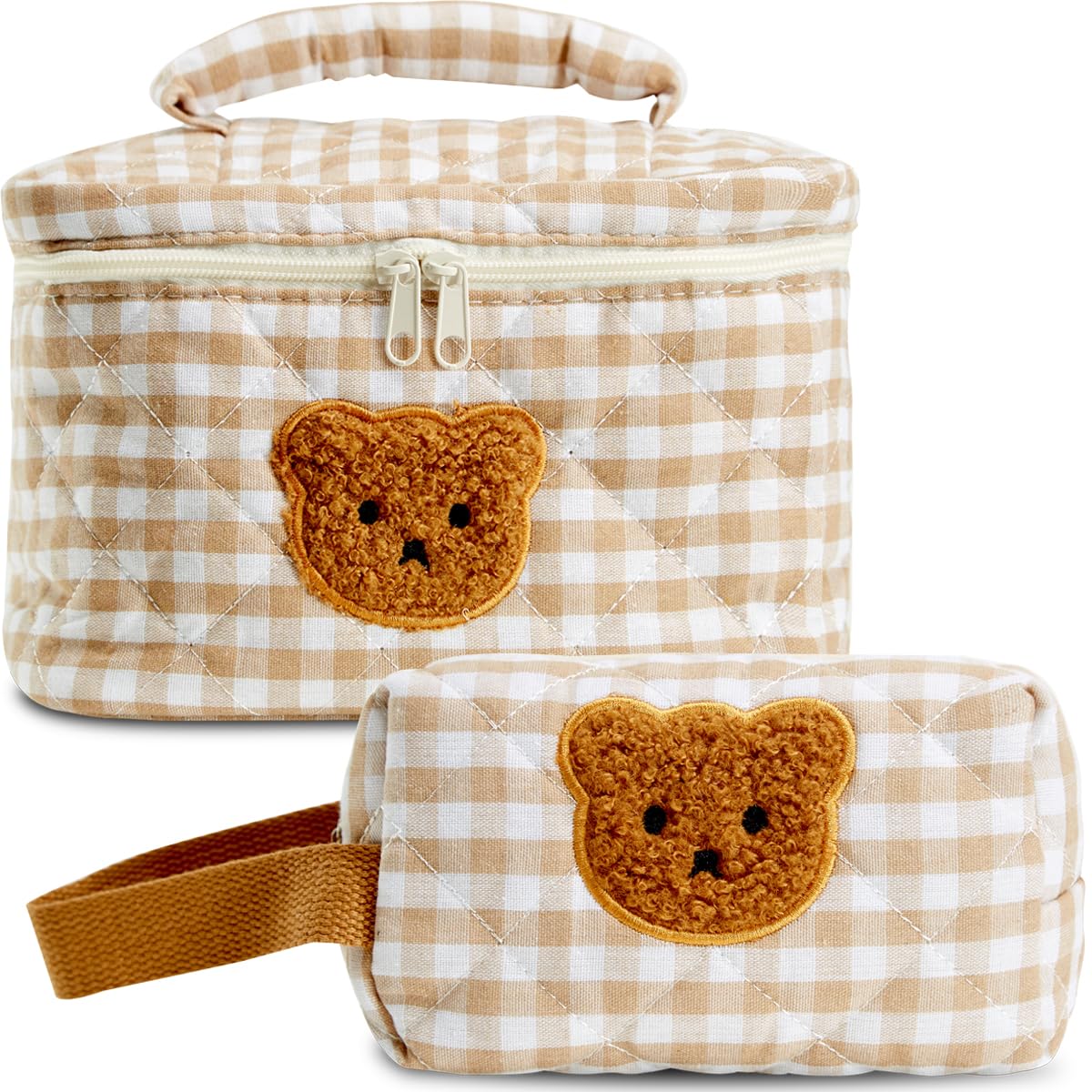 AIPJOY Kawaii Cotton Checkered Makeup Bag,Large Quilted Coquette Travel Cosmetic Bag,Cute Aesthetic Pouch Purse Toiletry Bag For Women(2pcs)