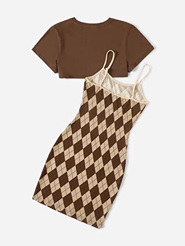 Verdusa Women's 2 Piece Outfit Argyle Print Bodycon Cami Dress with Crop Tee Top Brown S