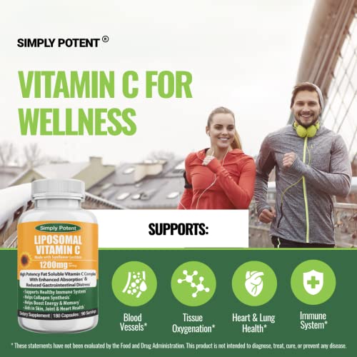 Liposomal Vitamin C 1200mg, 180 Capsules, Ascorbic Acid VIT C, High Dose Enhanced Absorption Fat Soluble Vitamin C, Powerful Antioxidant Supplement for Immune Support, Collagen, Heart & Brain Health