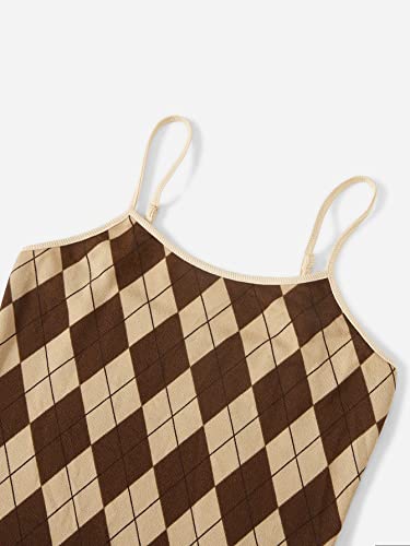 Verdusa Women's 2 Piece Outfit Argyle Print Bodycon Cami Dress with Crop Tee Top Brown S