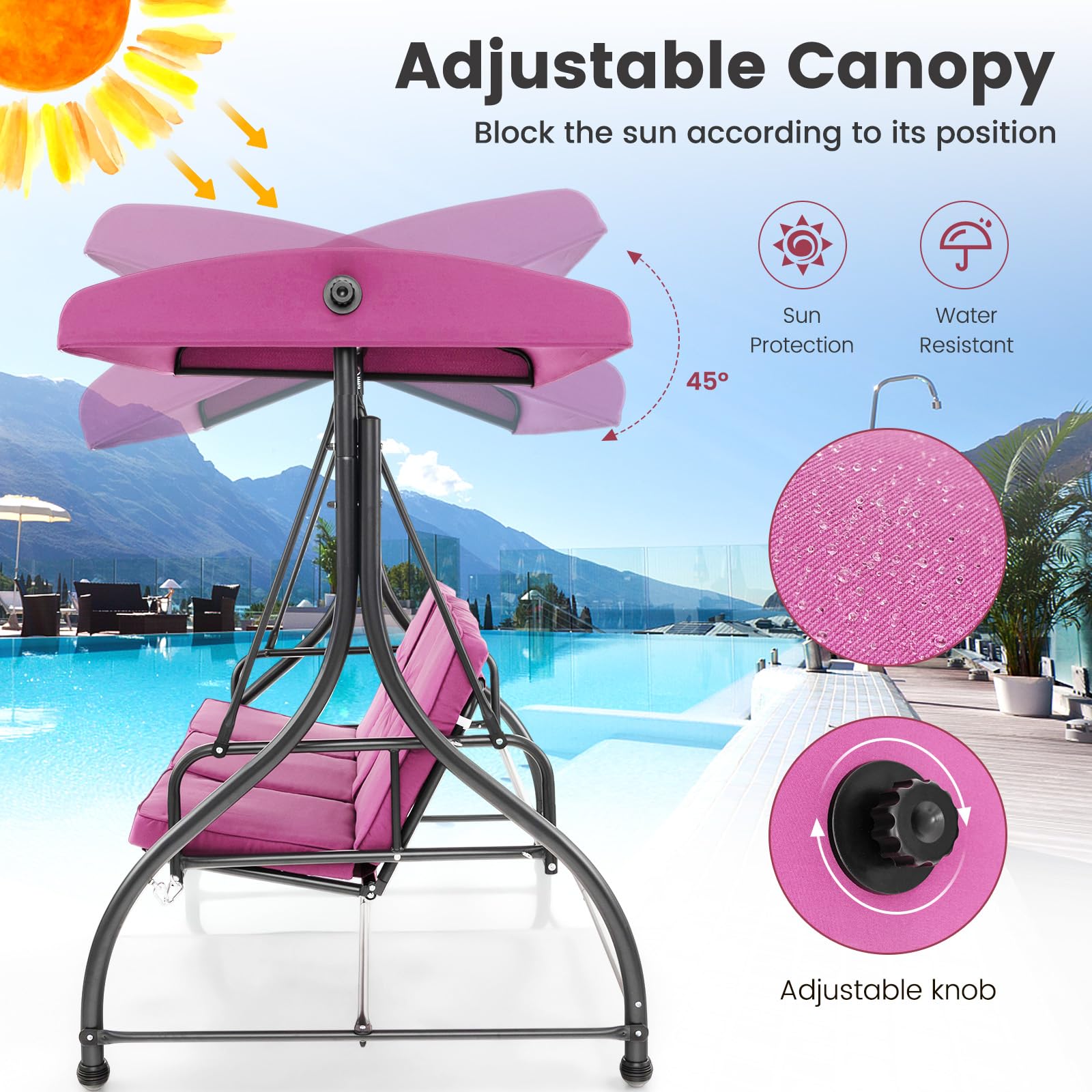 Tangkula 3 Person Porch Swing, 2-in-1 Convertible Patio Swing Bed with Removable Cushions, Solid Steel Structure, Outdoor Swing with Adjustable Canopy for Backyard, Balcony, Poolside (Wine)