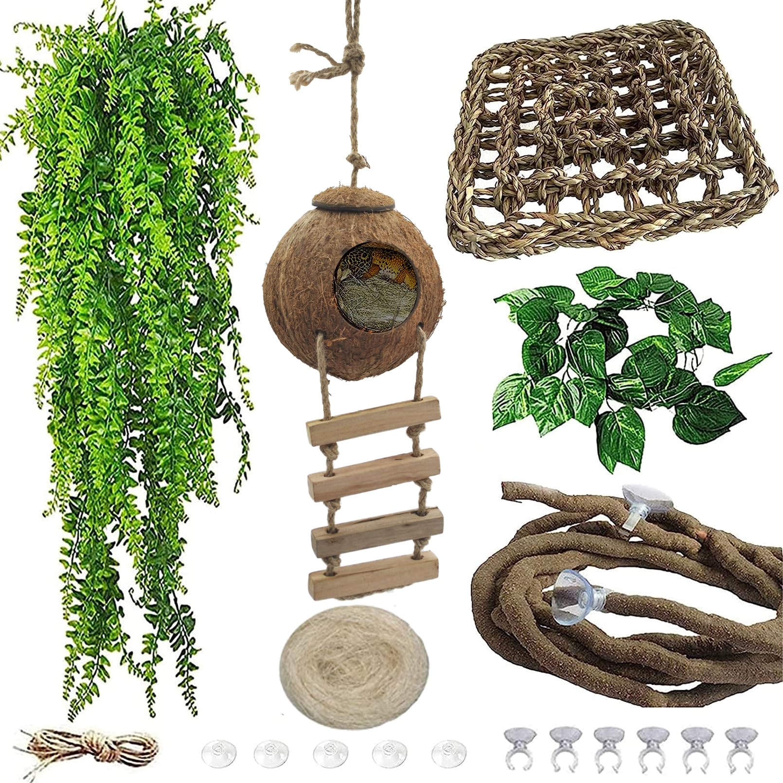 MUYG 5PCS Coconut Hut for Gecko, Lizard Coco Den with Ladder and Reptile Hammock Bearded Dragon Tank Accessories Climbing Hanging Plants Jungle Vine Flexible Reptile Leaves Decor