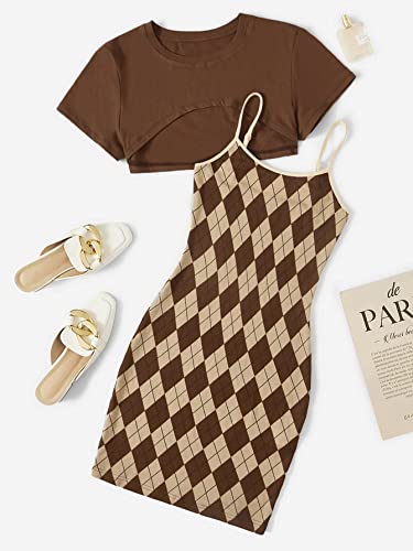 Verdusa Women's 2 Piece Outfit Argyle Print Bodycon Cami Dress with Crop Tee Top Brown S