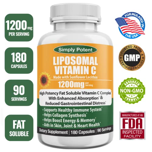 Liposomal Vitamin C 1200mg, 180 Capsules, Ascorbic Acid VIT C, High Dose Enhanced Absorption Fat Soluble Vitamin C, Powerful Antioxidant Supplement for Immune Support, Collagen, Heart & Brain Health