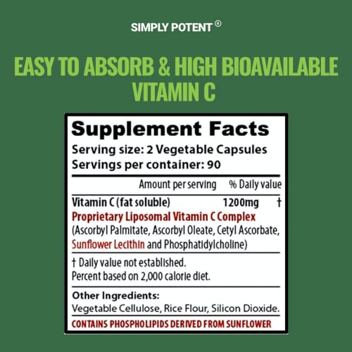 Liposomal Vitamin C 1200mg, 180 Capsules, Ascorbic Acid VIT C, High Dose Enhanced Absorption Fat Soluble Vitamin C, Powerful Antioxidant Supplement for Immune Support, Collagen, Heart & Brain Health