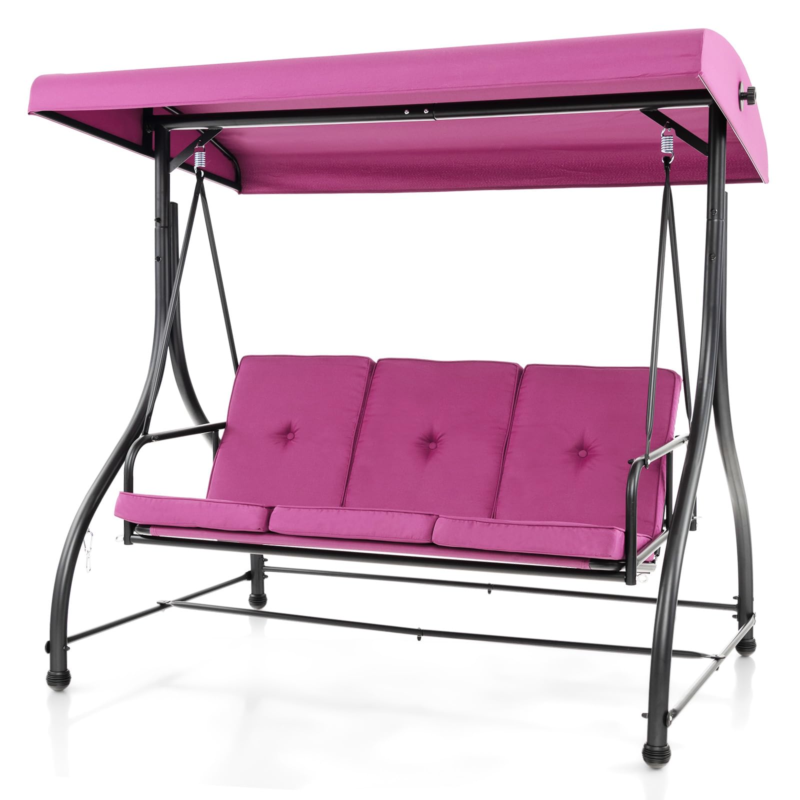 Tangkula 3 Person Porch Swing, 2-in-1 Convertible Patio Swing Bed with Removable Cushions, Solid Steel Structure, Outdoor Swing with Adjustable Canopy for Backyard, Balcony, Poolside (Wine)