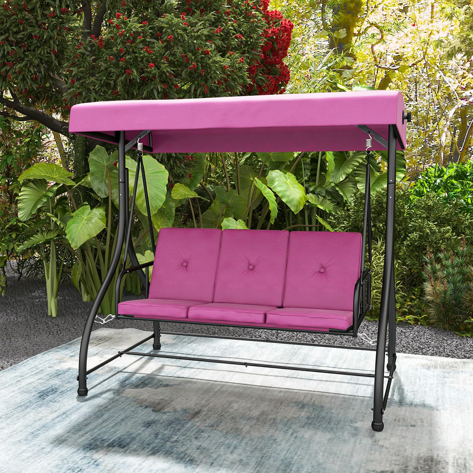 Tangkula 3 Person Porch Swing, 2-in-1 Convertible Patio Swing Bed with Removable Cushions, Solid Steel Structure, Outdoor Swing with Adjustable Canopy for Backyard, Balcony, Poolside (Wine)