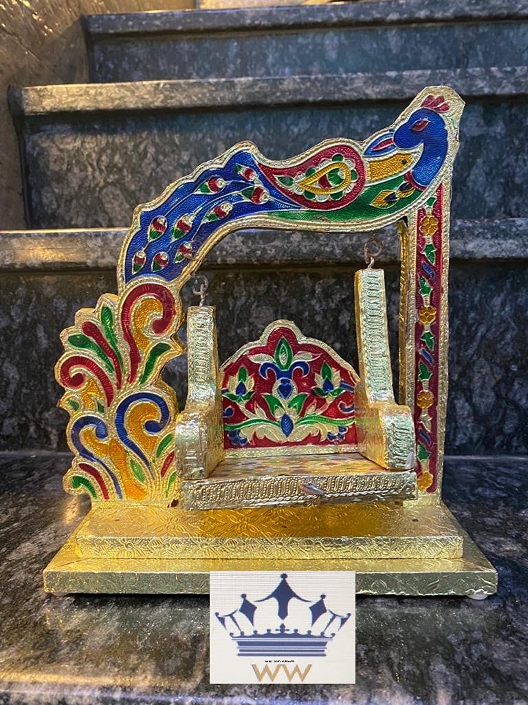 Will and Weaves Laddu Gopal Wooden Jhula Hand crafted Traditional Jhula Meenakari Jhula Kanha Ji Jhoola Carousel Bal Gopal Swing For Size 0 and 1 For Janmashtami Pooja