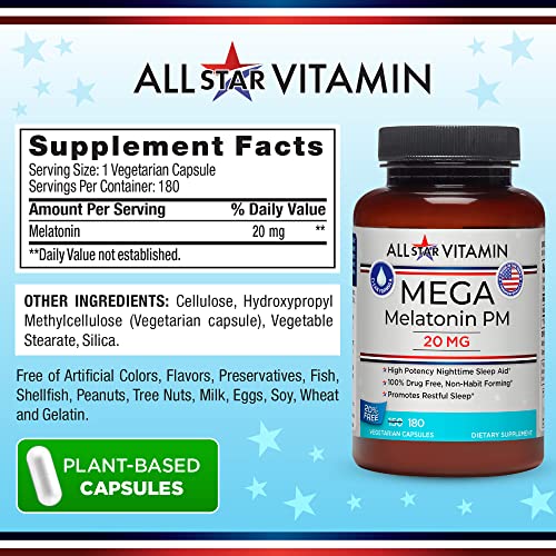 All-Star Vitamin Mega-Melatonin PM 20mg, High Potency, 180 Vegetarian Capsules, Clean-Formulated, Non-GMO, Gluten Free, Vegan, Drug-Free