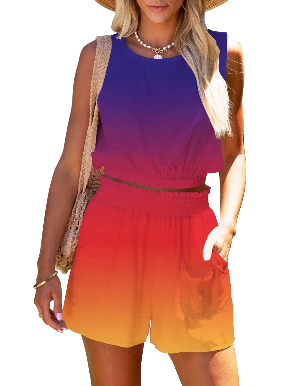 Aomice Two Piece Outfits for Women Summer lounge sets Sleeveless Tank Tops and High Waist Shorts with Pockets Blue Gradient XL