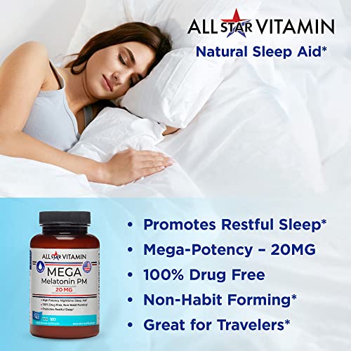 All-Star Vitamin Mega-Melatonin PM 20mg, High Potency, 180 Vegetarian Capsules, Clean-Formulated, Non-GMO, Gluten Free, Vegan, Drug-Free