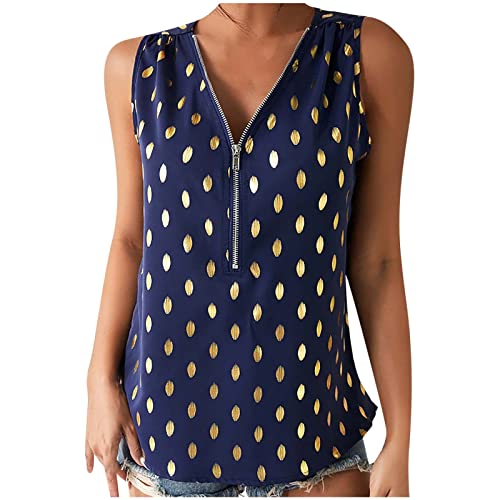 Tank Top for Women Zipper Tank Tops for Women V Neck Dressy Tunic Tops Dots Shirt Fashion Summer Outfits Casual Blouses Trendy Business Casual Outfits for Women Navy