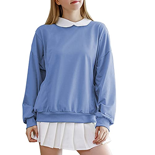 Wrenpies Women Sweatshirts Cotton Hoodie Aesthetic Pullover Turn-Down Collar Sweatshirt for Girls Kawaii Clothes Pocket Tops (Blue,M,Medium)
