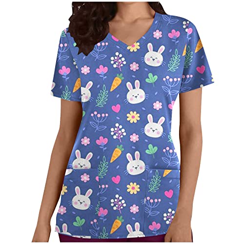 Scrub Tops for Women Easter Bunny Eggs Working Uniform Stretchy Scrub Dressy Cute Top Plus Size V Neck Tunic Undershirt Blue
