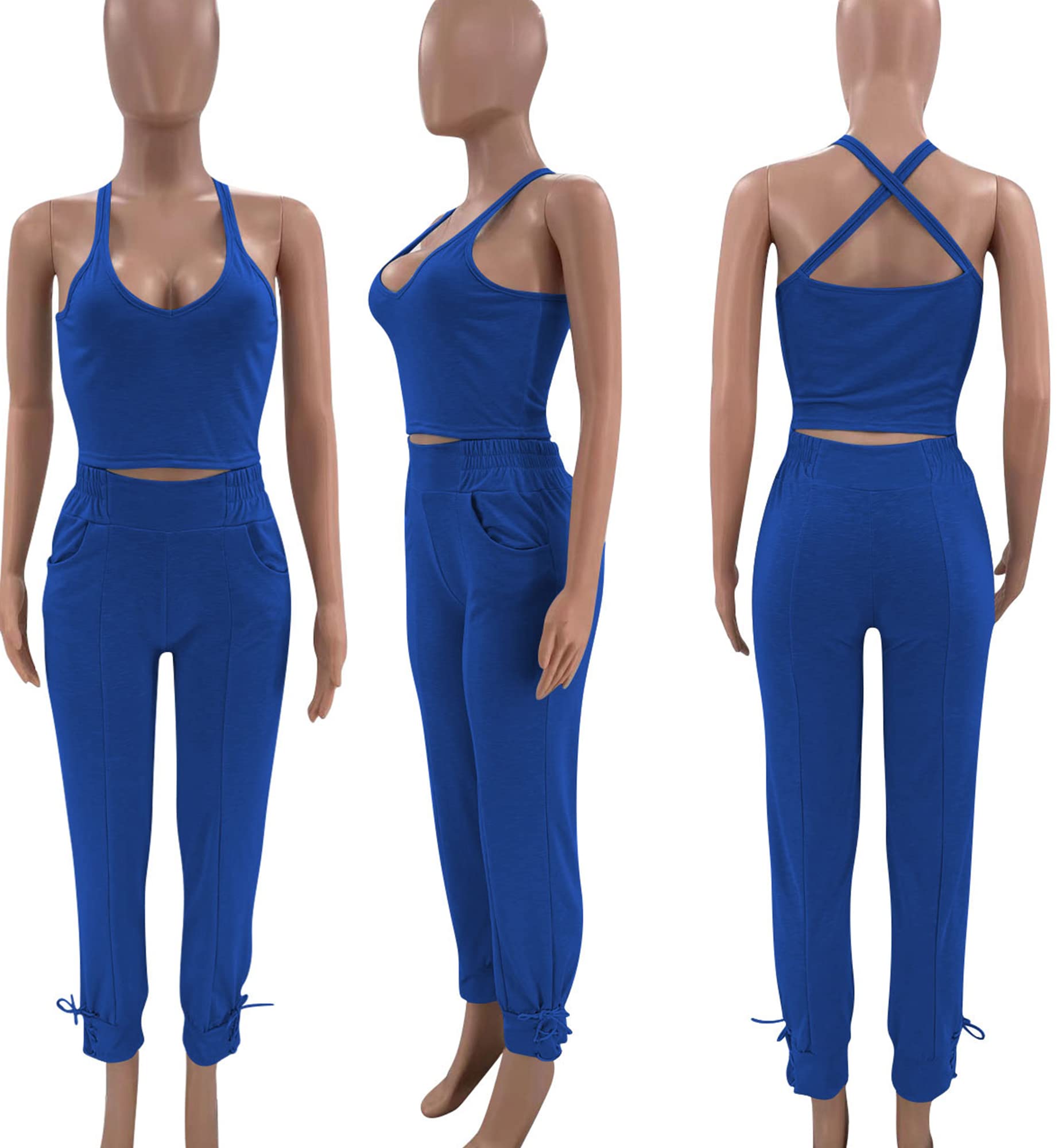Doweha Two Piece Outfits for Women Sexy Summer Joggers Crop Tank top Sweatsuits Biker Short Set Matching Sets Tracksuit Jumpsuit Blue XL