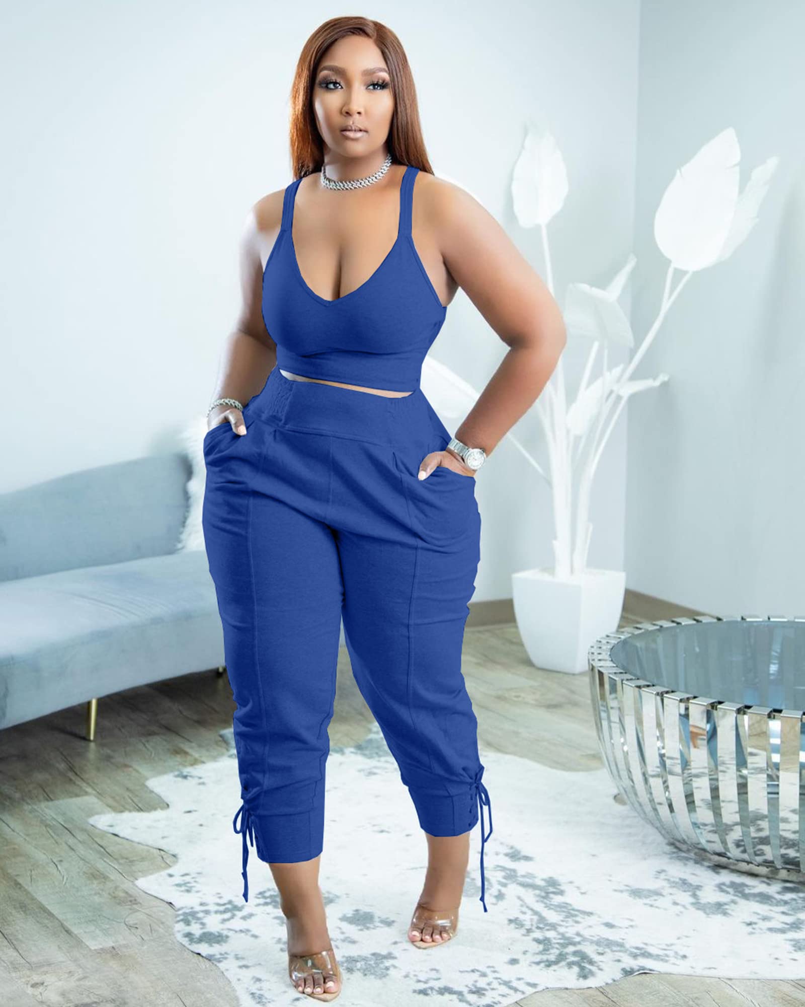 Doweha Two Piece Outfits for Women Sexy Summer Joggers Crop Tank top Sweatsuits Biker Short Set Matching Sets Tracksuit Jumpsuit Blue XL