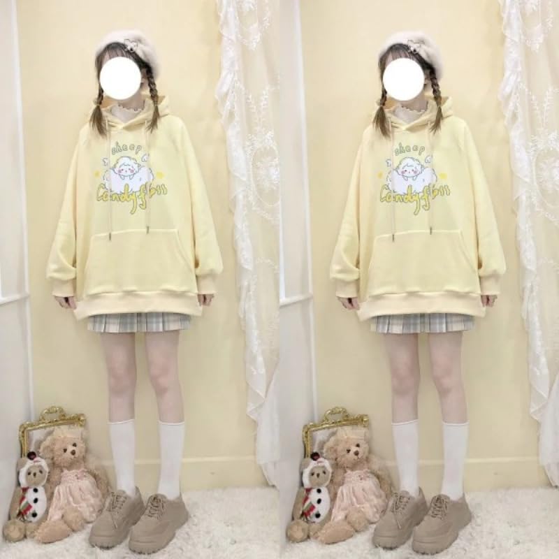 Ordabi Kawaii Hoodie Sheep Graphic Sweatshirt Oversized Aesthetic Pullover Japanese Preppy Alt Clothes Harajuku Streetwear (Apricot,L)