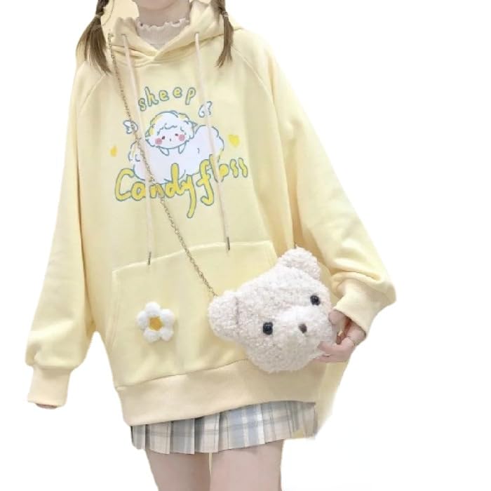 Ordabi Kawaii Hoodie Sheep Graphic Sweatshirt Oversized Aesthetic Pullover Japanese Preppy Alt Clothes Harajuku Streetwear (Apricot,L)